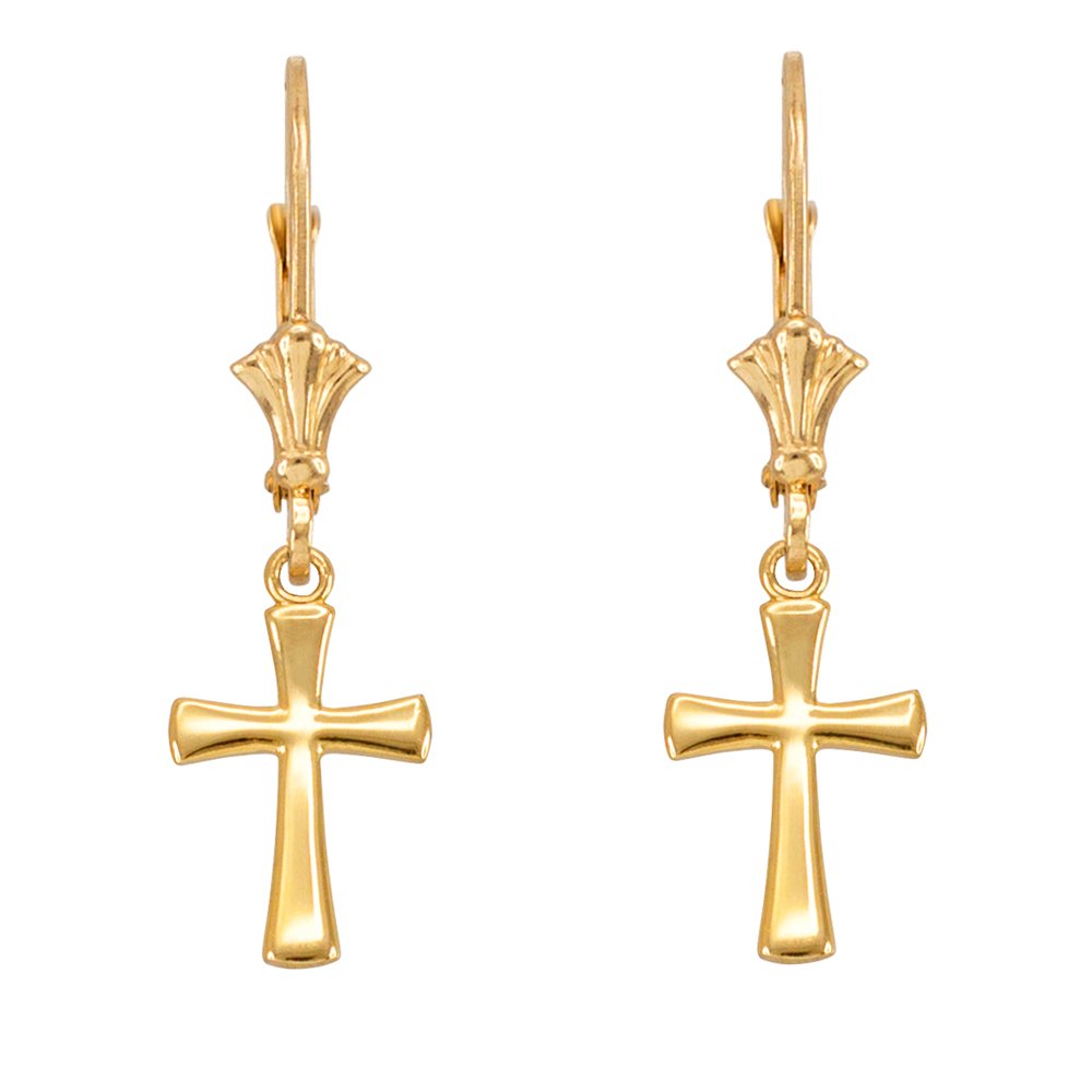 Mini Rounded Cross Dangle Earrings in Polished 14k Yellow Gold