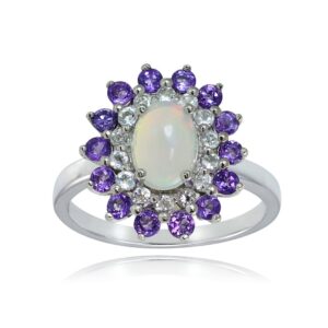 gemstar usa sterling silver ethiopian opal, african amethyst and white topaz oval flower ring