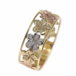 Arthur's Jewelry 14K solid tricolor yellow white rose gold Hawaiian plumeria flower lei ring 6.5mm size 6