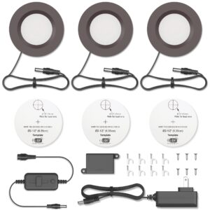 GETINLIGHT 2.75" Wide 3000K Dimmable LED Puck Lights Kit, Plug-in Installation with recessed or Surface Mounted, Bronze Finished, Set of 3, IN-0102-3-BZ