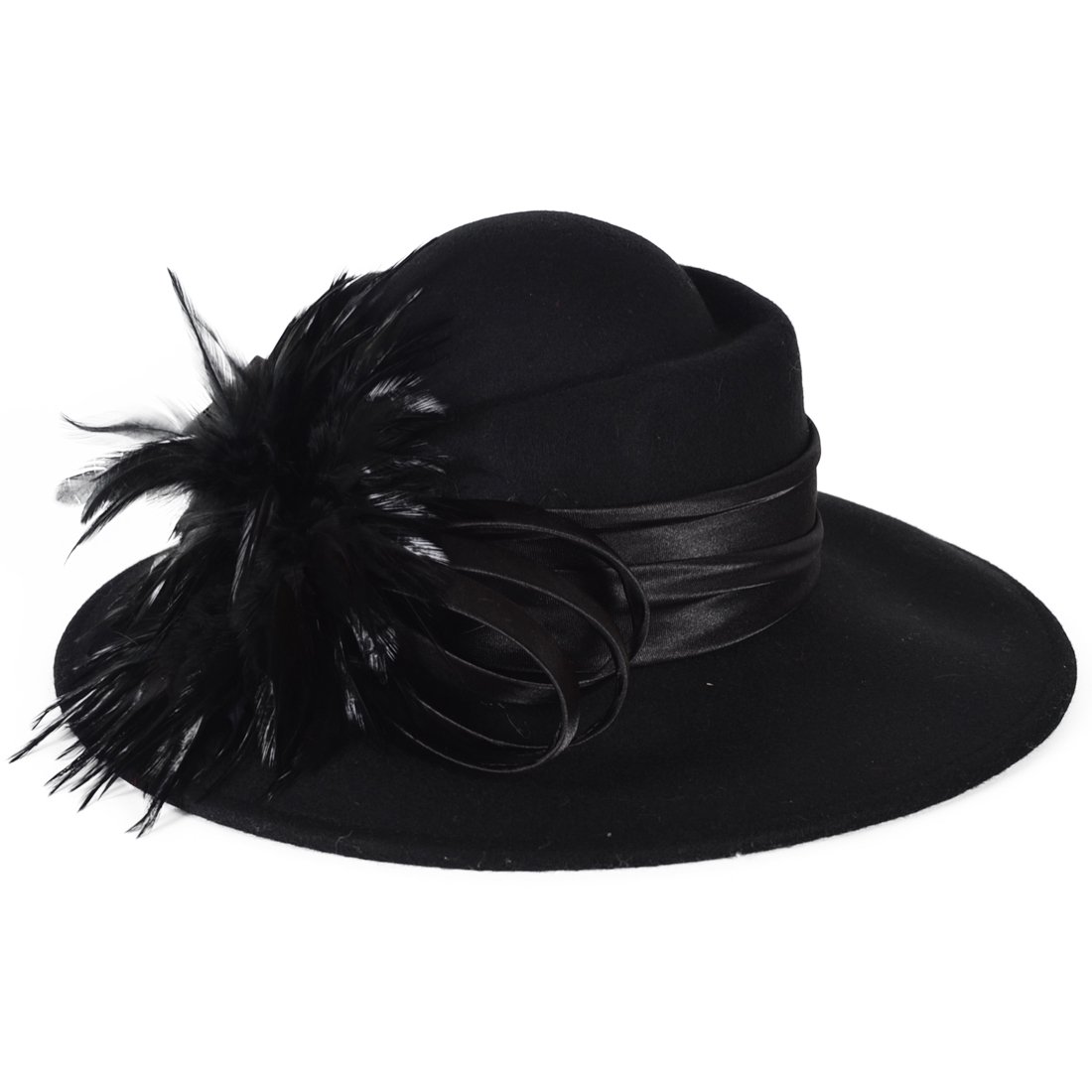 VECRY Ladies 100% Wool Felt Feather Cocktail British Formal Party Hat (Black)