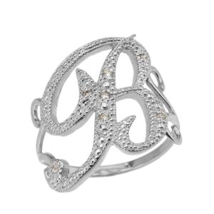 initial rings 10k white gold modern cursive b diamond (size 8.25)