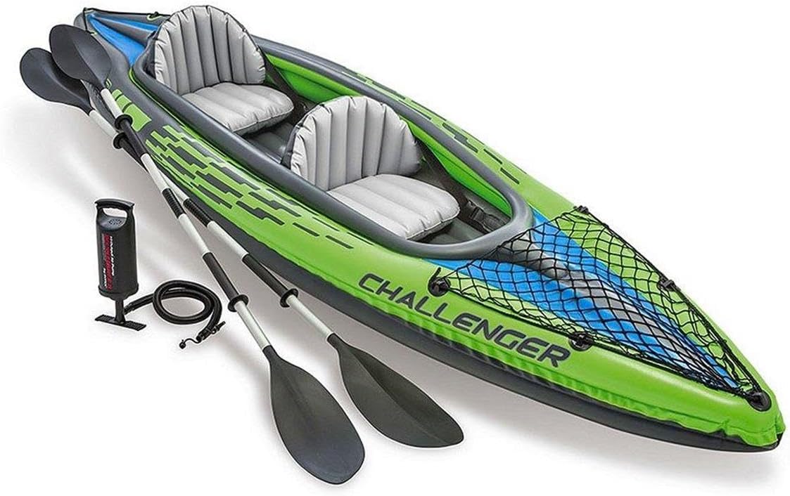 INTEX Challenger Inflatable Kayak Series: Includes Deluxe 86in Kayak Paddles and High-Output Pump – SuperStrong PVC – Adjustable Seat with Backrest – Removable Skeg – Cargo Storage Net