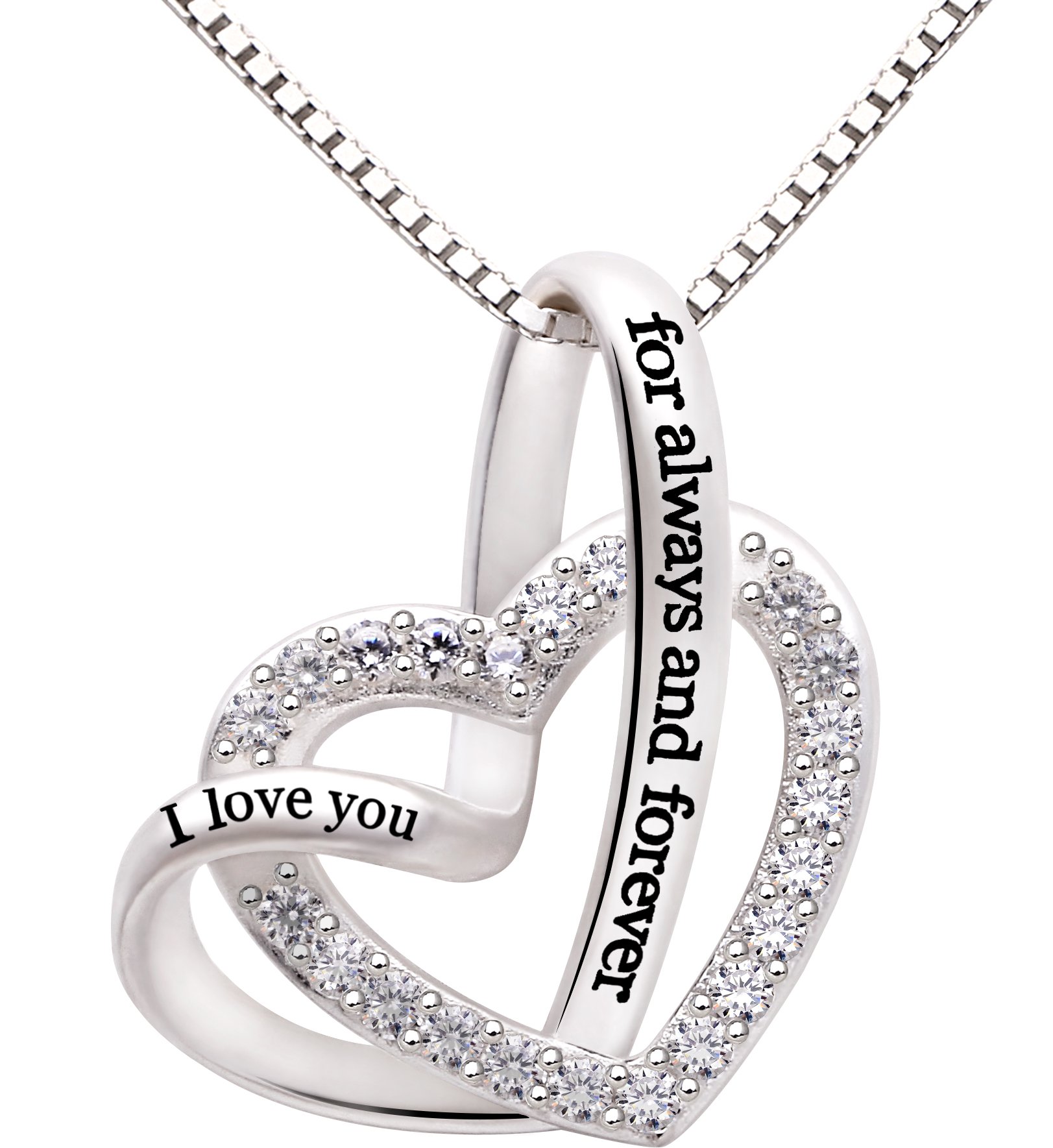 ALOV Jewelry Sterling Silver "I love you for always and forever" Love Heart Cubic Zirconia Necklace