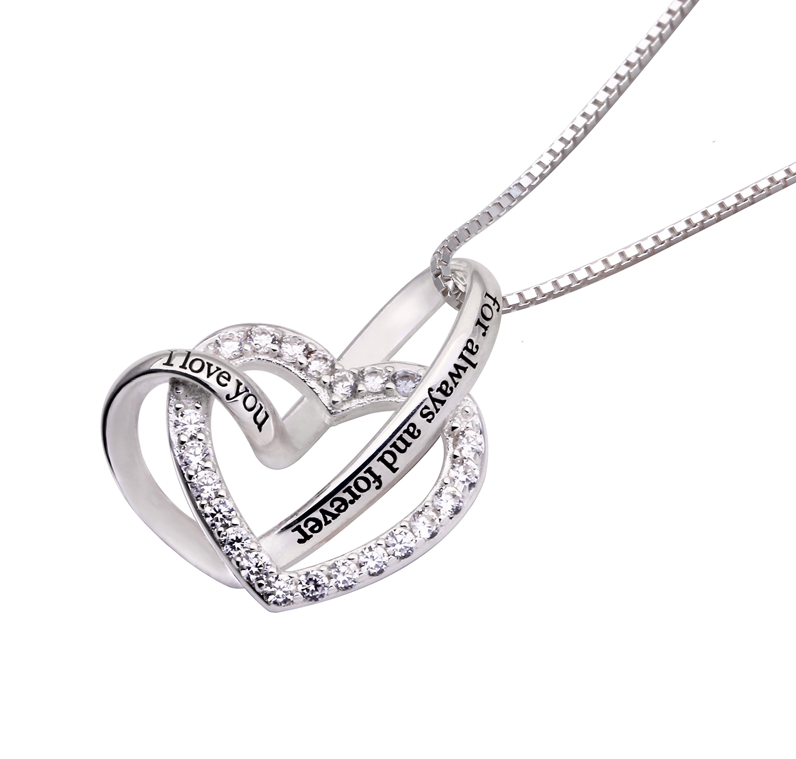 ALOV Jewelry Sterling Silver "I love you for always and forever" Love Heart Cubic Zirconia Necklace