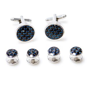 mrcuff carbon fiber blue pattern tuxedo cufflinks and studs set in a presentation gift box & polishing cloth