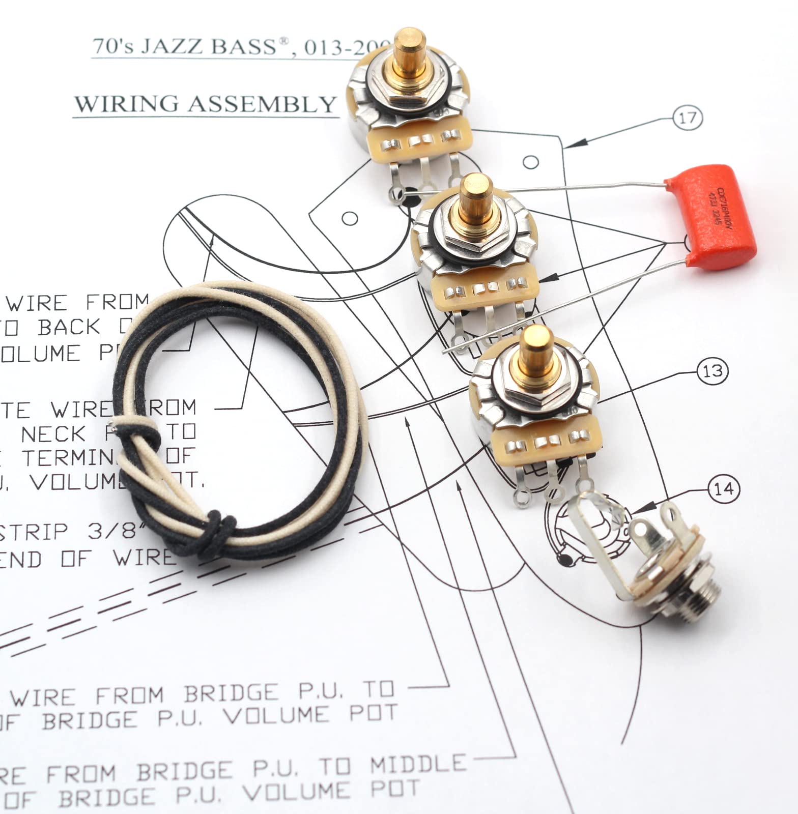 The Art Of Tone TAOT Wiring Kit for Jazz Style Bass - Solid Shaft - Orange Drop Cap