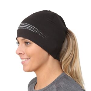 trailheads ponytail hat - adrenaline series | women’s running beanie with reflective accents | black skull cap - black/reflective