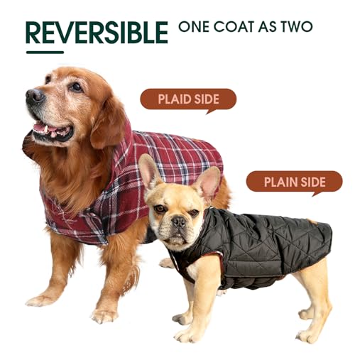 Kuoser Warm Dog Coat, Reversible Dog Jacket Waterproof Dog Winter Coat British Style Plaid Dog Clothes Pet Dog Cold Weather Coats Cozy Snow Jacket Vest for Small Medium Large Dogs Red L