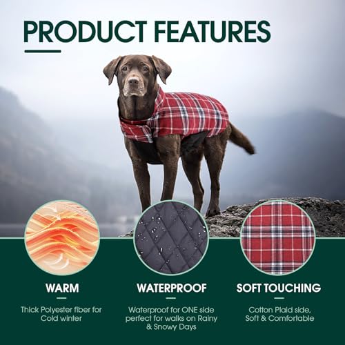 Kuoser Warm Dog Coat, Reversible Dog Jacket Waterproof Dog Winter Coat British Style Plaid Dog Clothes Pet Dog Cold Weather Coats Cozy Snow Jacket Vest for Small Medium Large Dogs Red L