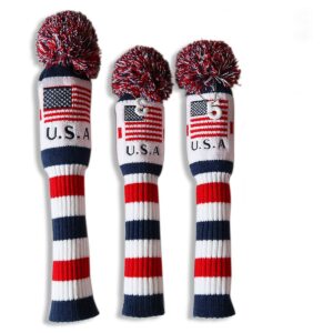 craftsman golf us flag knit pom pom white blue red driver,fairway wood, hybrid head cover headcover for callaway mizuno cobra taylormade (3pcs (#1,3,5))