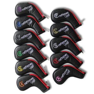 craftsman golf 11pcs /set (4,5,6,7,8,9,a,s,p,l,x) synthetic leather black with red edge iron head cover headcover set for callaway ping etc. with zipper