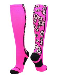 madsportsstuff crazy soccer socks with soccer balls over the calf (neon pink/black, medium)