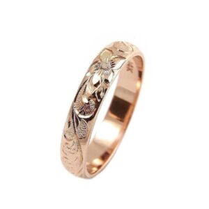 Arthur's Jewelry 14K rose gold custom hand engraved Hawaiian queen plumeria scroll band ring 4mm size 11