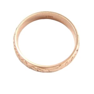 Arthur's Jewelry 14K rose gold custom hand engraved Hawaiian queen plumeria scroll band ring 4mm size 11