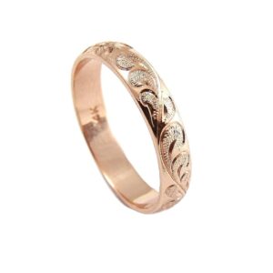 Arthur's Jewelry 14K rose gold custom hand engraved Hawaiian queen plumeria scroll band ring 4mm size 11