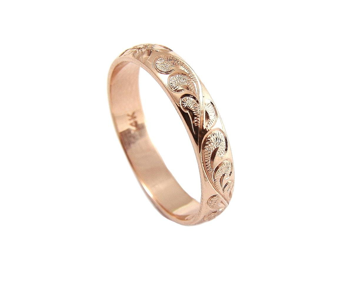 Arthur's Jewelry 14K rose gold custom hand engraved Hawaiian queen plumeria scroll band ring 4mm size 11