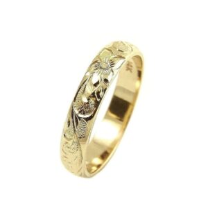 Arthur's Jewelry 14K yellow gold custom hand engrave Hawaiian queen plumeria scroll band ring 4mm size 10