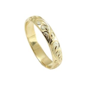 Arthur's Jewelry 14K yellow gold custom hand engrave Hawaiian queen plumeria scroll band ring 4mm size 10