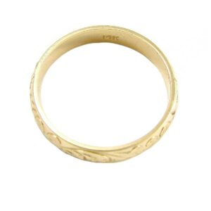 Arthur's Jewelry 14K yellow gold custom hand engrave Hawaiian queen plumeria scroll band ring 4mm size 10