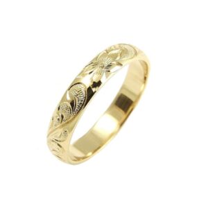 Arthur's Jewelry 14K yellow gold custom hand engrave Hawaiian queen plumeria scroll band ring 4mm size 10