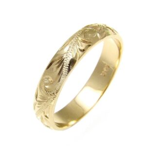 Arthur's Jewelry 14K solid yellow gold custom hand engrave Hawaiian plumeria scroll band ring 4mm size 11