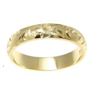 Arthur's Jewelry 14K solid yellow gold custom hand engrave Hawaiian plumeria scroll band ring 4mm size 11