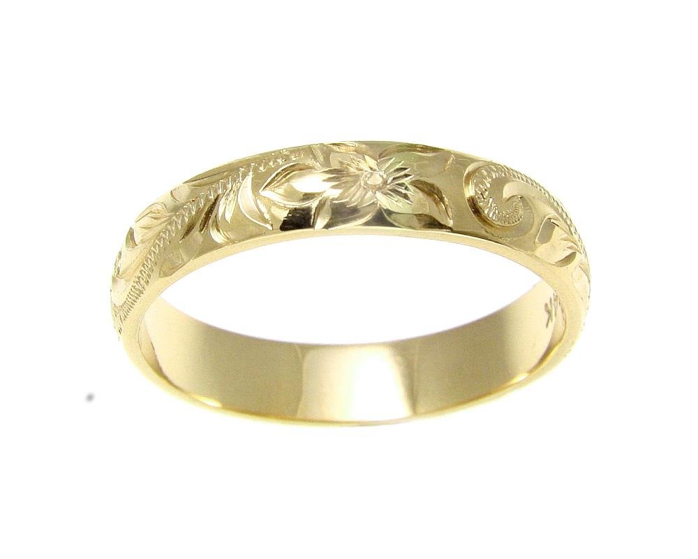 Arthur's Jewelry 14K solid yellow gold custom hand engrave Hawaiian plumeria scroll band ring 4mm size 11