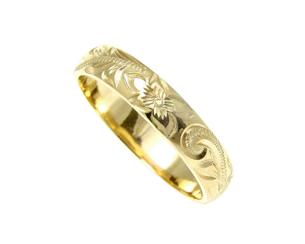 Arthur's Jewelry 14K solid yellow gold custom hand engrave Hawaiian plumeria scroll band ring 4mm size 11