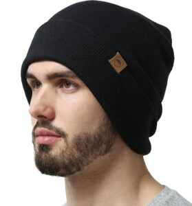 tough headwear cuffed beanie hats for men - winter beanies for women - toboggan hat - mens winter knit hat - stocking cap black