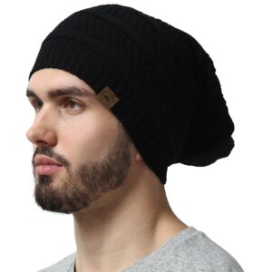 slouchy cable knit beanie by tough headwear - chunky, oversized slouch beanie hats for men & women - stay warm & stylish - serious beanies for serious style black osfa