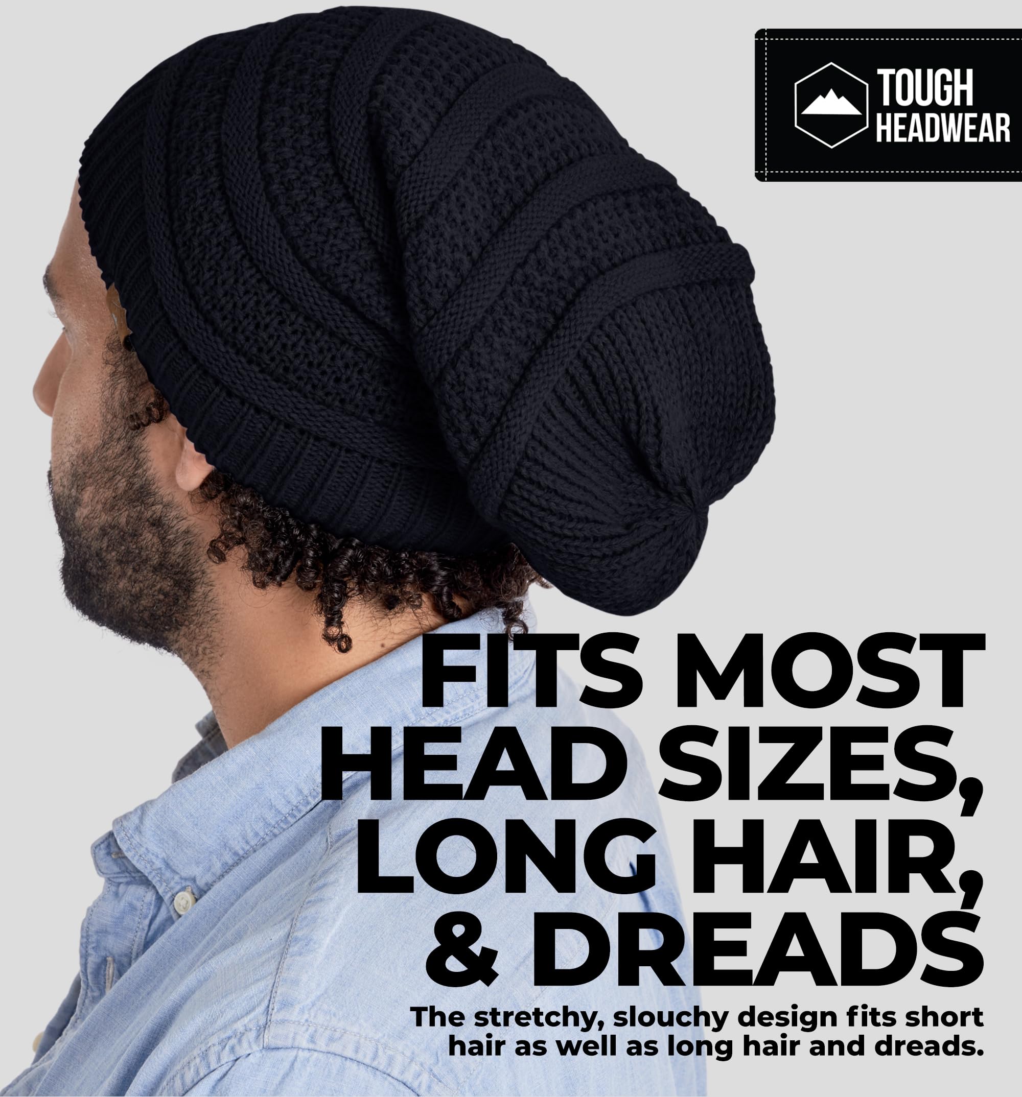 Slouchy Cable Knit Beanie by Tough Headwear - Chunky, Oversized Slouch Beanie Hats for Men & Women - Stay Warm & Stylish - Serious Beanies for Serious Style Black OSFA