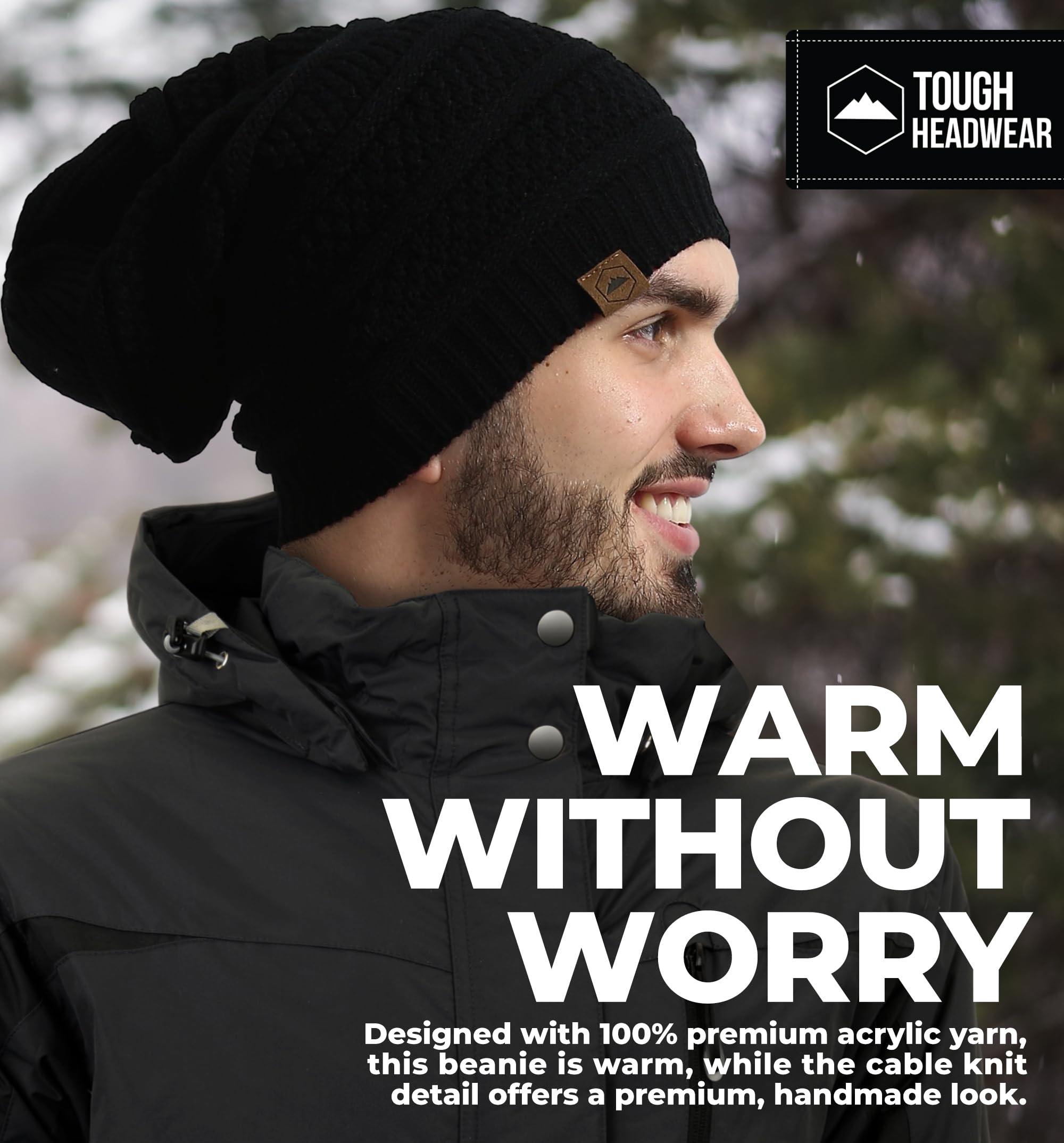 Slouchy Cable Knit Beanie by Tough Headwear - Chunky, Oversized Slouch Beanie Hats for Men & Women - Stay Warm & Stylish - Serious Beanies for Serious Style Black OSFA