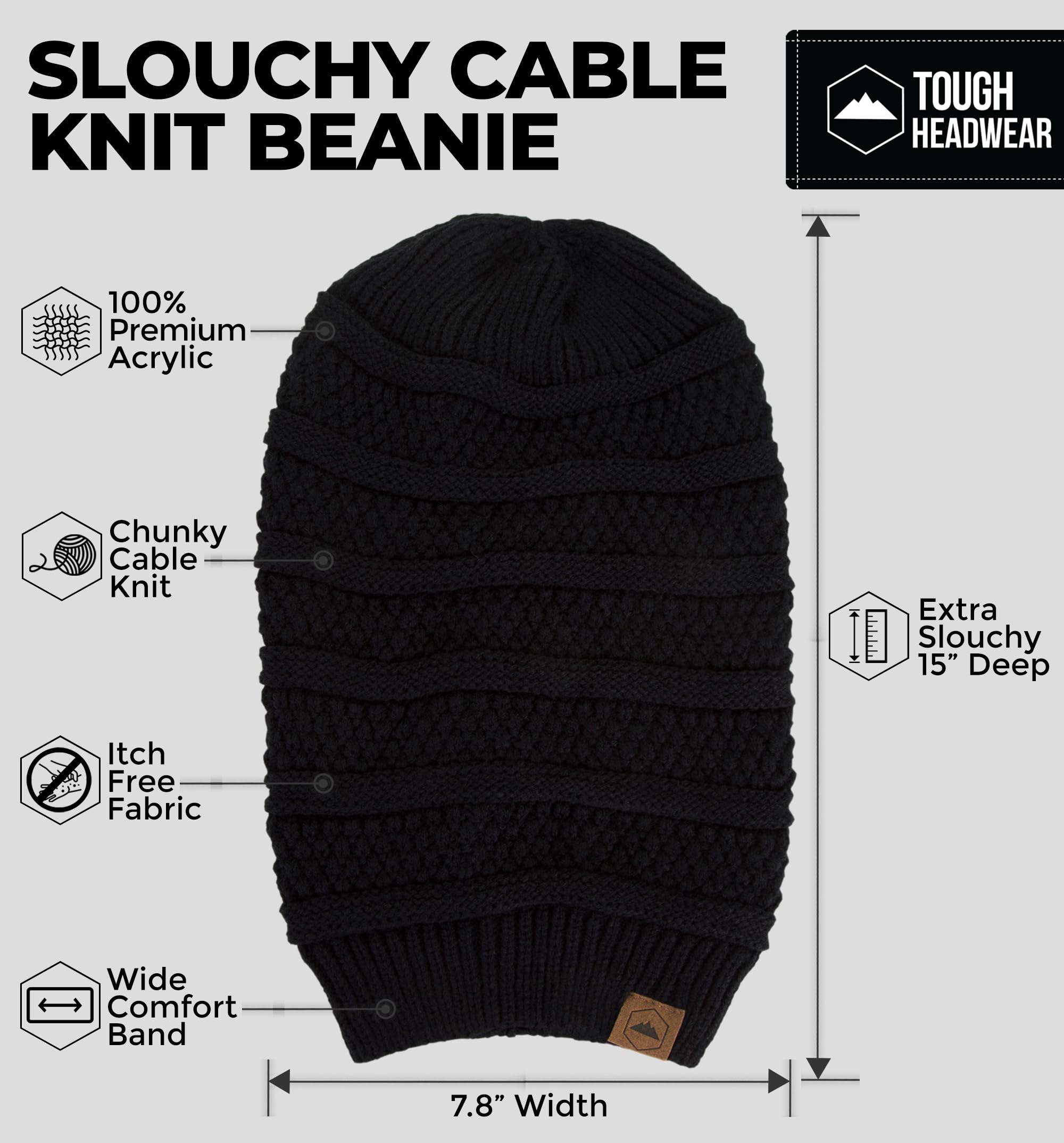 Slouchy Cable Knit Beanie by Tough Headwear - Chunky, Oversized Slouch Beanie Hats for Men & Women - Stay Warm & Stylish - Serious Beanies for Serious Style Black OSFA