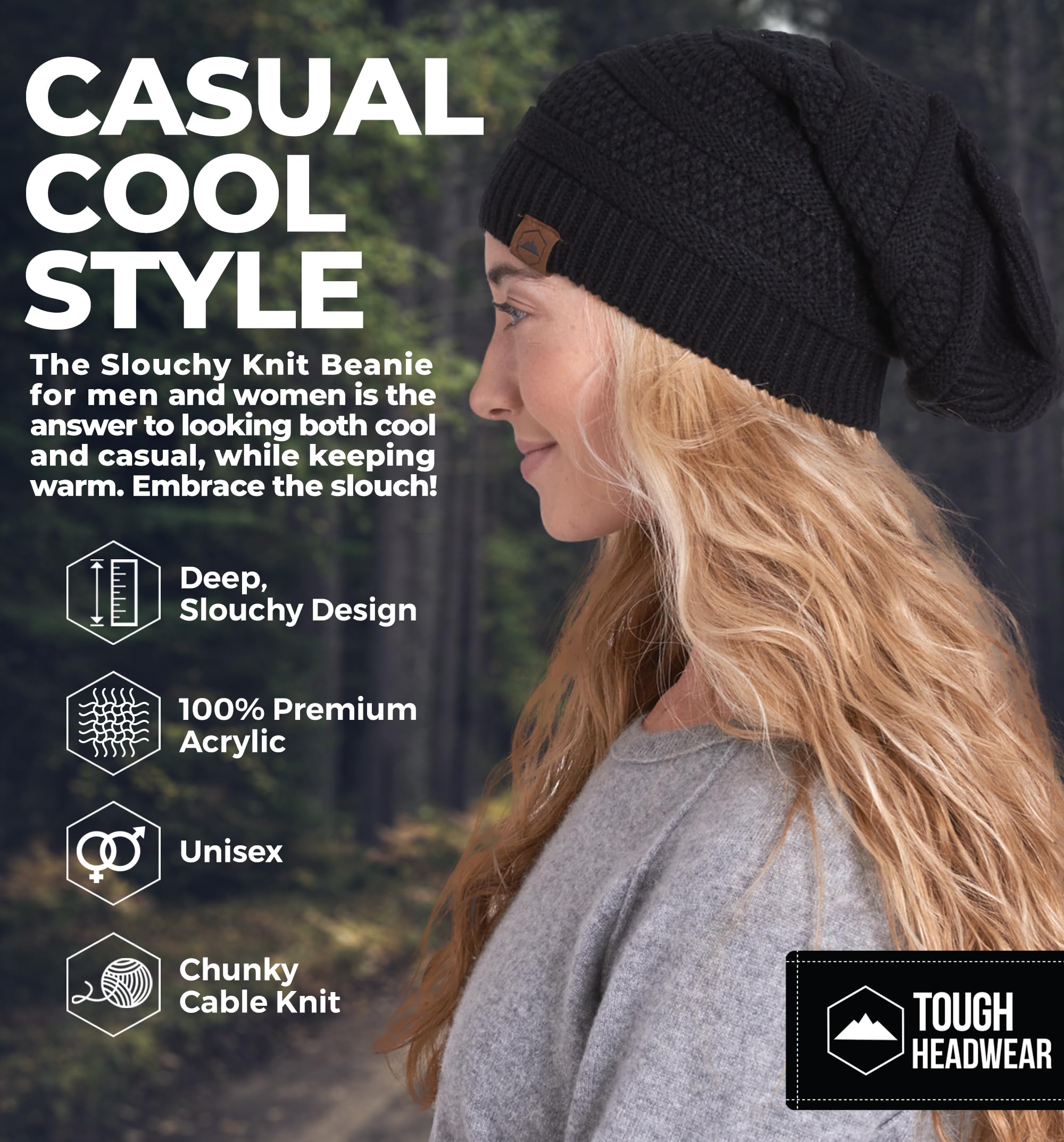 Slouchy Cable Knit Beanie by Tough Headwear - Chunky, Oversized Slouch Beanie Hats for Men & Women - Stay Warm & Stylish - Serious Beanies for Serious Style Black OSFA