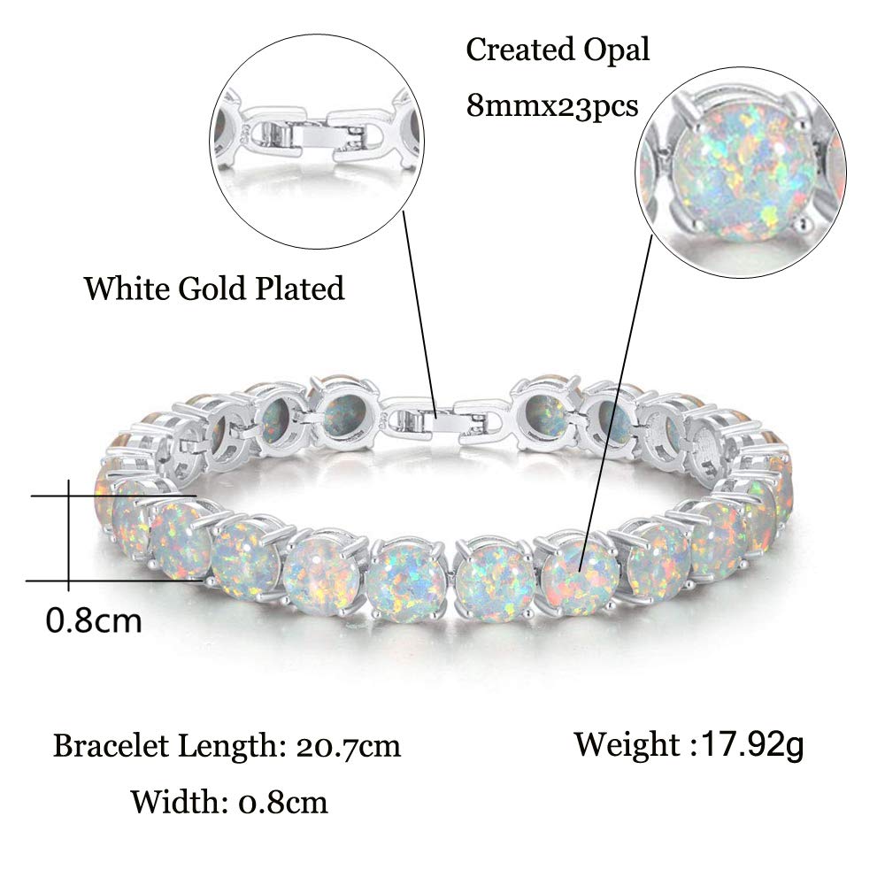 CiNily Rhodium Plated Created White Fire Opal Women Jewelry Gemstone Round Bracelet 8''