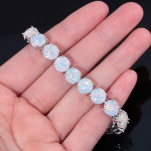 CiNily Rhodium Plated Created White Fire Opal Women Jewelry Gemstone Round Bracelet 8''