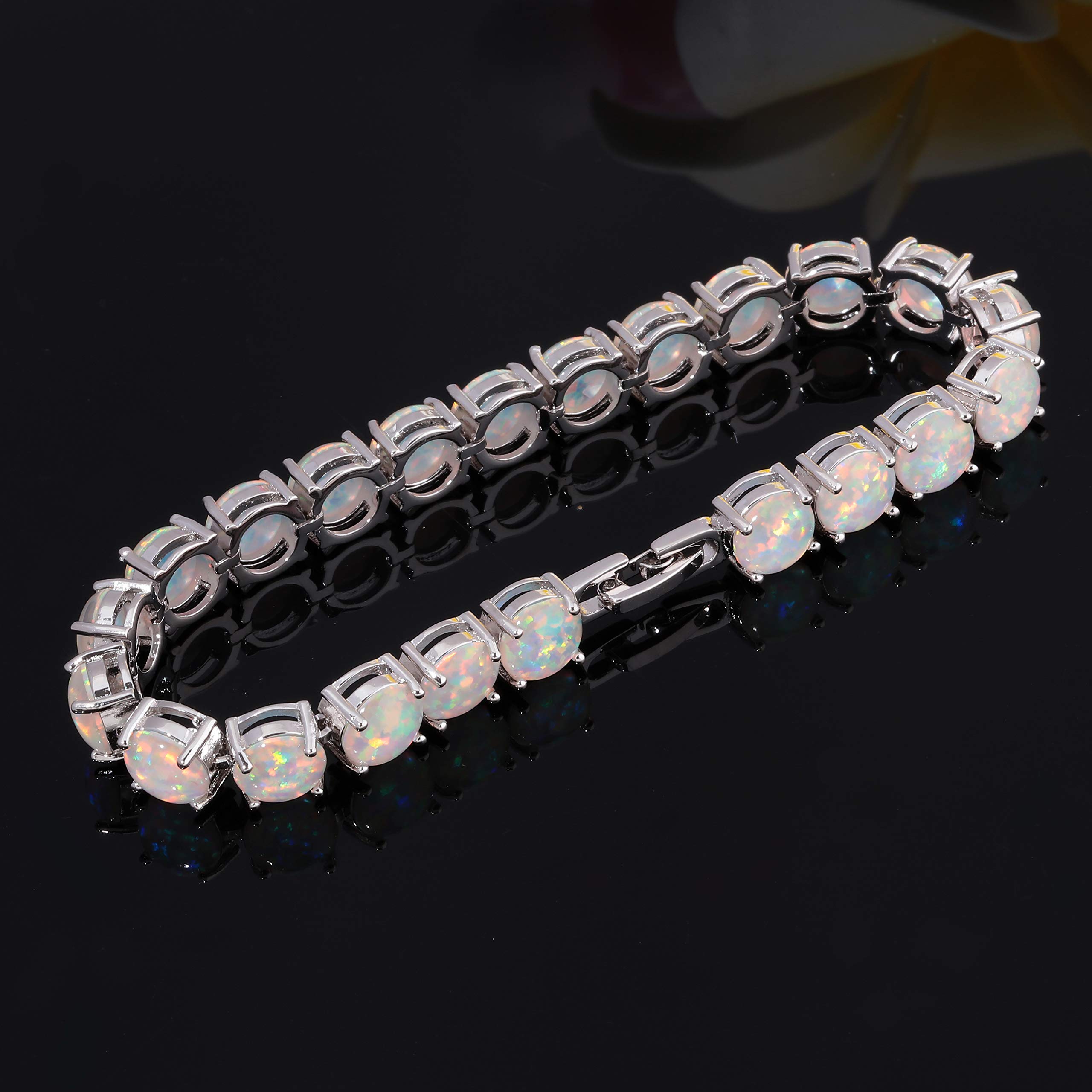 CiNily Rhodium Plated Created White Fire Opal Women Jewelry Gemstone Round Bracelet 8''