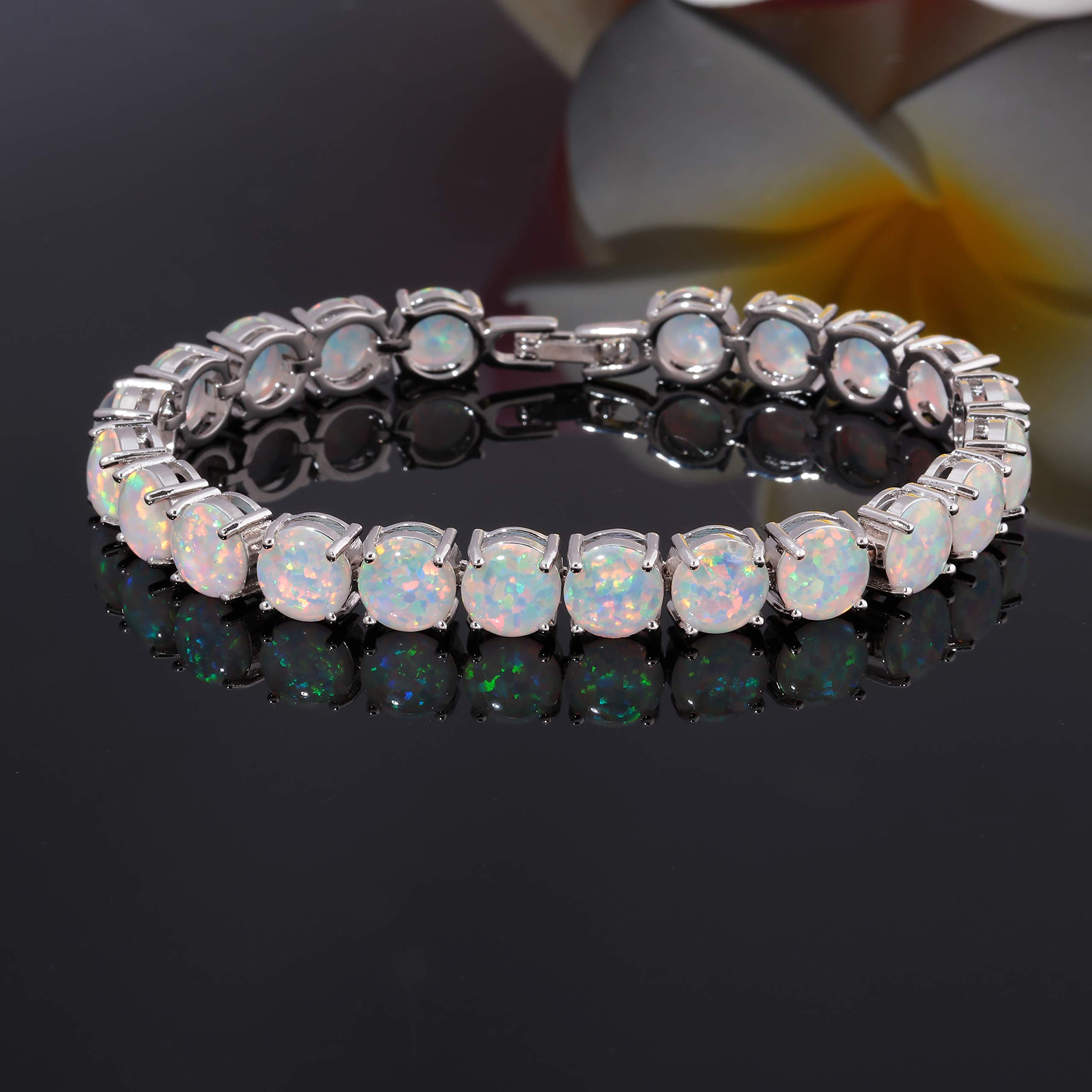 CiNily Rhodium Plated Created White Fire Opal Women Jewelry Gemstone Round Bracelet 8''