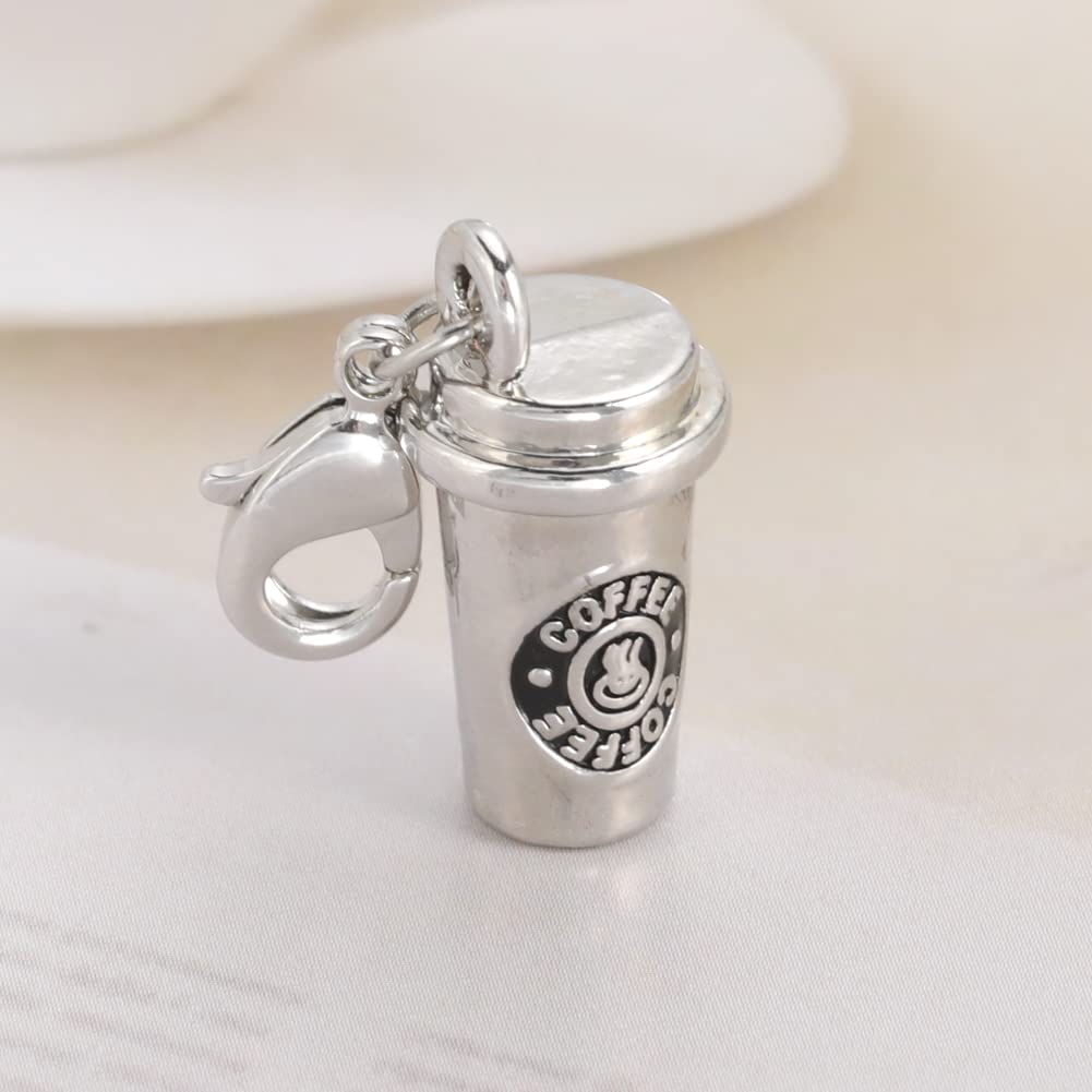 TEAMER Trendy Rhodium Plated 3D Coffee Cup Floating Lobster Clasp Charm Jewelry for Coffee Lovers (Silver - Coffee Cup)