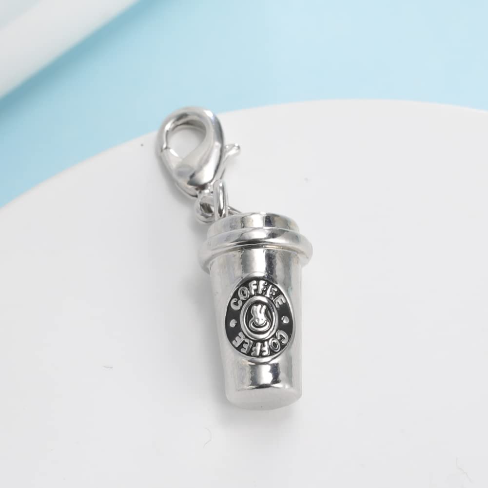 TEAMER Trendy Rhodium Plated 3D Coffee Cup Floating Lobster Clasp Charm Jewelry for Coffee Lovers (Silver - Coffee Cup)