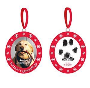 pearhead christmas pawprints double-sided holiday photo ornament, season's grrreetings dog or cat diy pawprint keepsake, pet picture christmas tree ornament, with included clean-touch ink pad