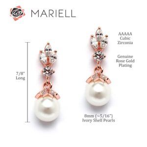 Mariell Rose Gold Pearl Drop Wedding Earrings, 8MM Ivory Shell Pearls, Cubic Zirconia Crystal and Pearl Earrings for Brides, Bridesmaid, Prom and Mother of the Bride