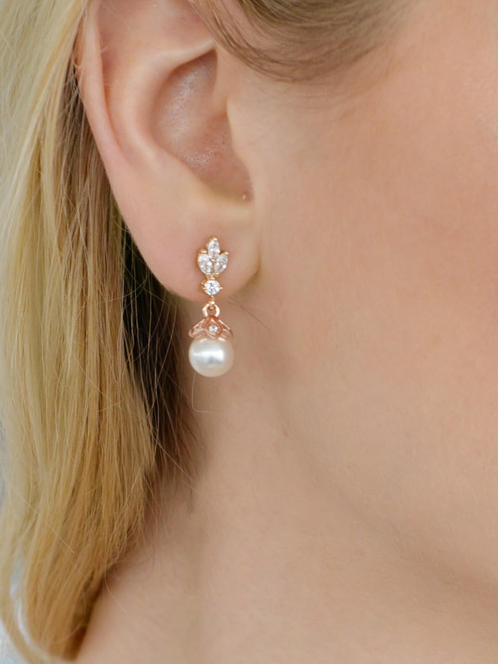 Mariell Rose Gold Pearl Drop Wedding Earrings, 8MM Ivory Shell Pearls, Cubic Zirconia Crystal and Pearl Earrings for Brides, Bridesmaid, Prom and Mother of the Bride