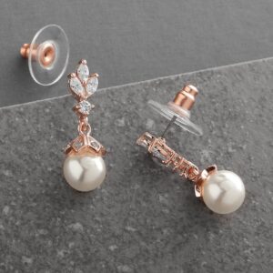 Mariell Rose Gold Pearl Drop Wedding Earrings, 8MM Ivory Shell Pearls, Cubic Zirconia Crystal and Pearl Earrings for Brides, Bridesmaid, Prom and Mother of the Bride