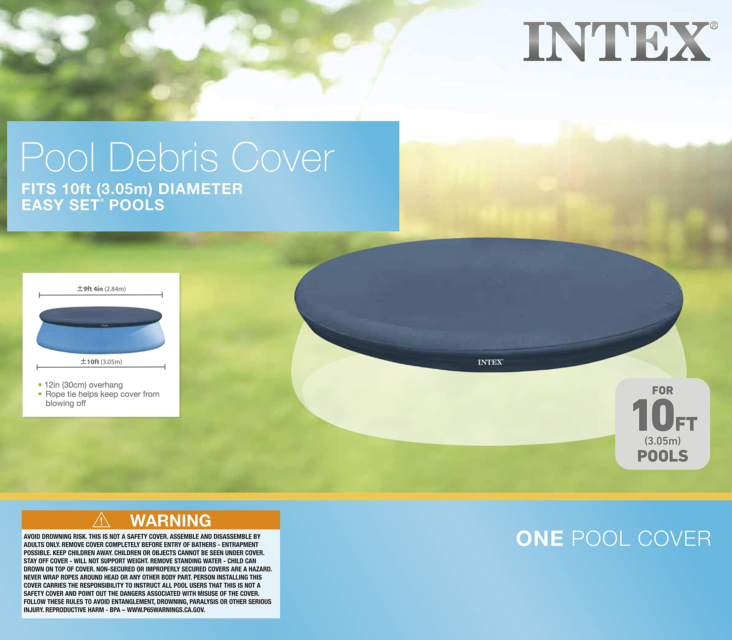 INTEX 28021E Pool Cover: for 10ft Round Easy Set Pools – Includes Rope Tie – Drain Holes – 12in Overhang – Snug Fit