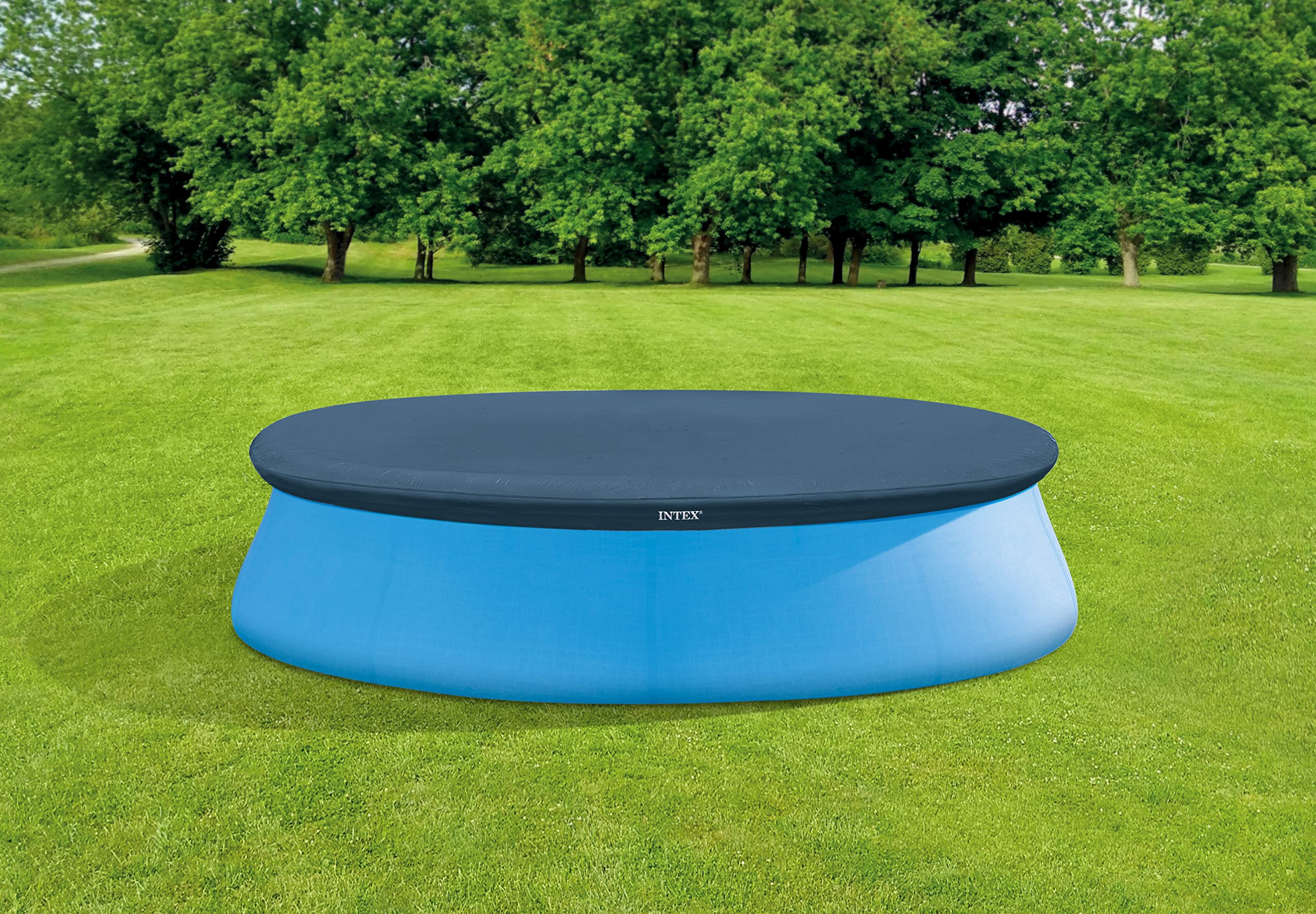 INTEX 28021E Pool Cover: for 10ft Round Easy Set Pools – Includes Rope Tie – Drain Holes – 12in Overhang – Snug Fit