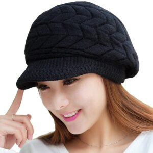 loritta womens winter beanie hat warm knitted slouchy wool hats cap with visor, black