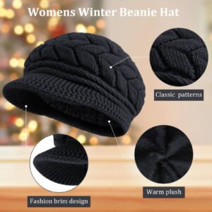 Loritta Womens Winter Beanie Hat Warm Knitted Slouchy Wool Hats Cap with Visor, Black