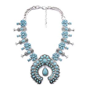 lovage bohemian exaggerate turquoise flower zinc pendant necklace women jewelry (blue)